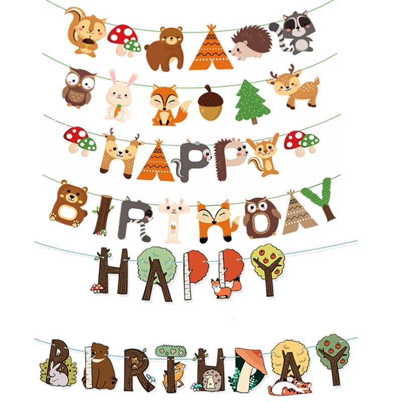 Forest Happy Birthday Banner Kids Birthday Party Decoration Wild Animal ...