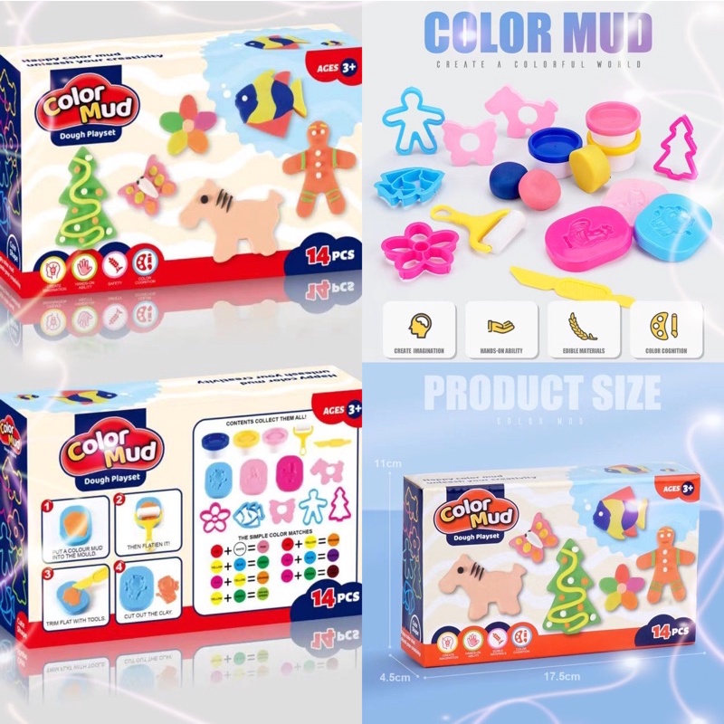 Play Clay Set w/ 3Assorted Color Clays And 14pcs accessories Children ...