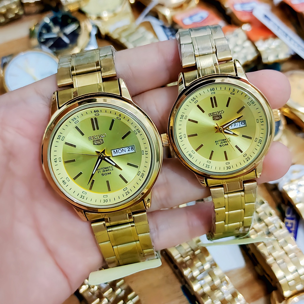 PS189 Seiko 5 Couple watch Gold Dial water resistant with date High ...