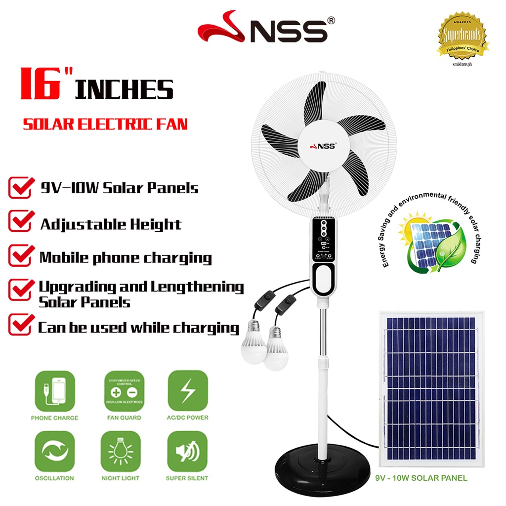 NSS solar fan with panel 16" Solar Electric Fan with light rechargeabl ...
