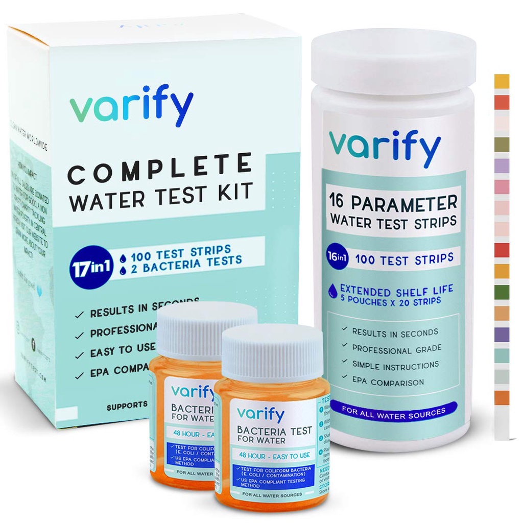 Varify 17-In-1 Complete Water Test Kit, 100 Strips + 2 Bacteria Tests ...