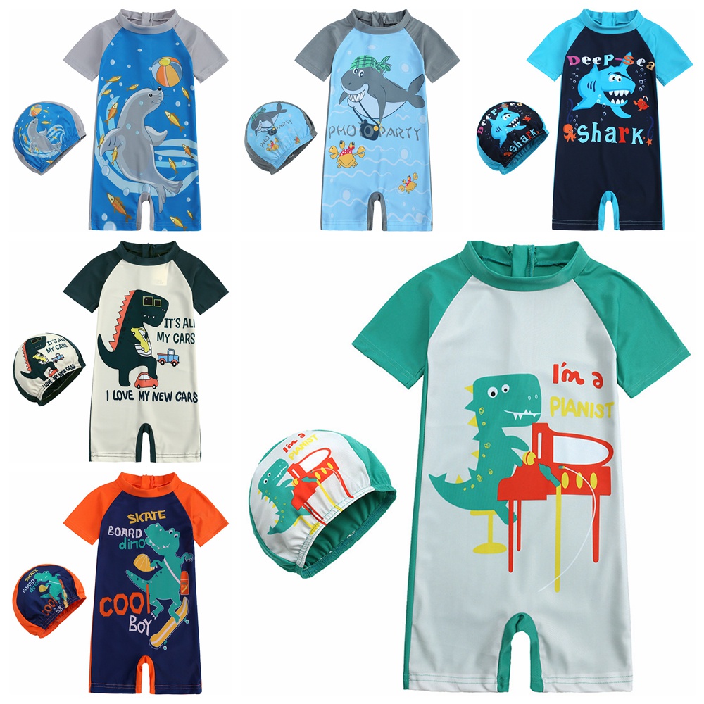 1-8Yrs Kids Swimsuit for Boy Dinosaur Swimwear with Hat Cartoon Shark ...