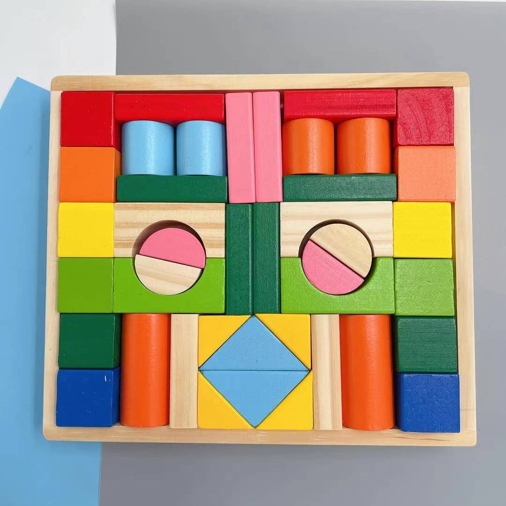 42 Pieces Wooden Blocks Kids Geometric Shape Educational Toys Mini ...