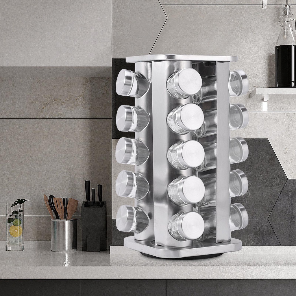 360 Rotating Stainless Spice Rack With 20 Jars Condiment Tower Round ...
