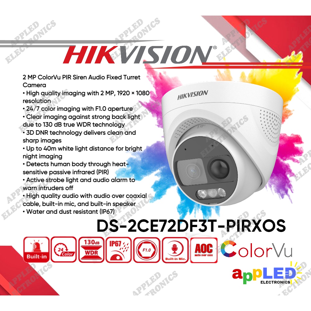 Hikvision DS-2CE72DF3T-PIRXOS 2MP ColorVu PIR with Built-in Siren, Strobe Light and Mic CCTV ...