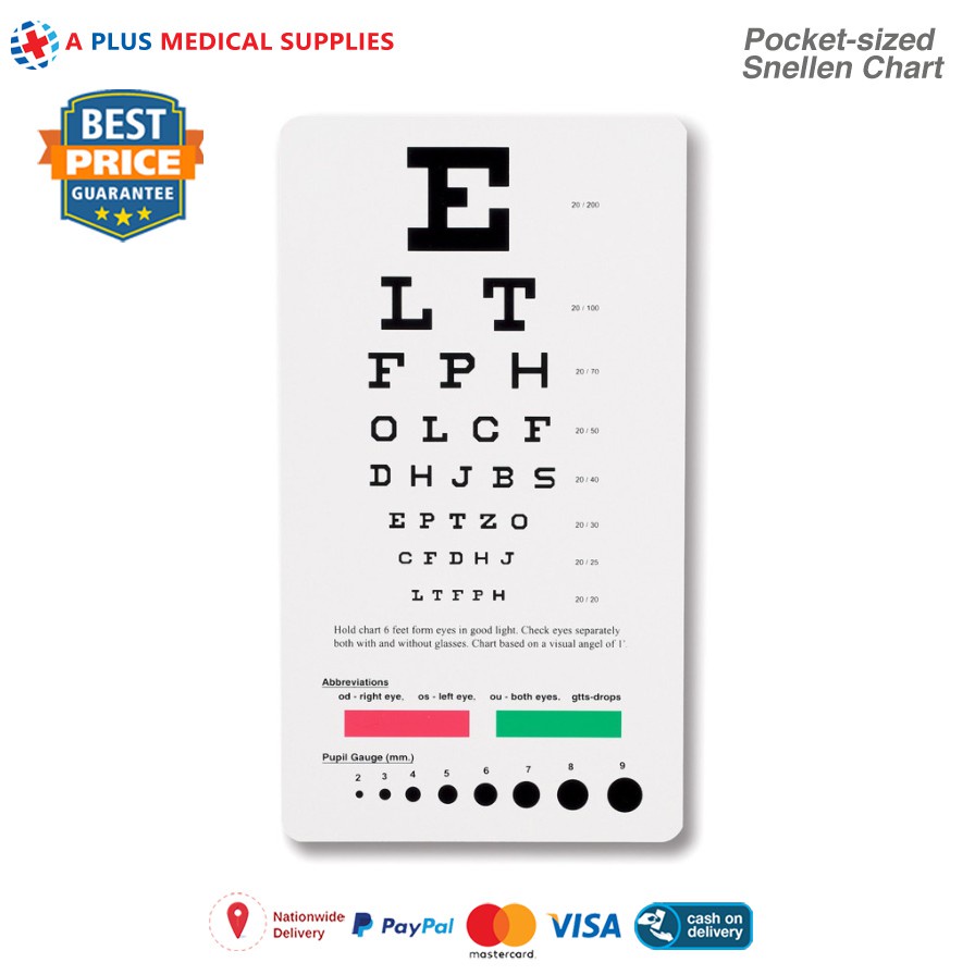 Snellen Eye Chart Visual Acuity Pocket Size with Pupil Gauge Nursing ...