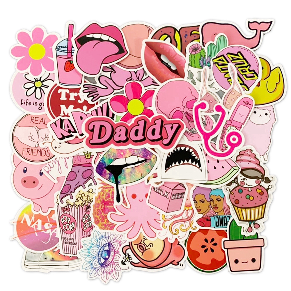 50pcs Cartoon Pink Stickers Waterproof Toy Stiker Girls DIY Suitcase ...