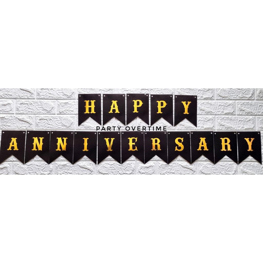 Happy Anniversary Banner Black with Gold Letters Banderitas Flag Party ...