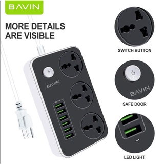 BAVIN Universal Extension Cord Charger w/ 3 Power Socket & 6 USB Port ...