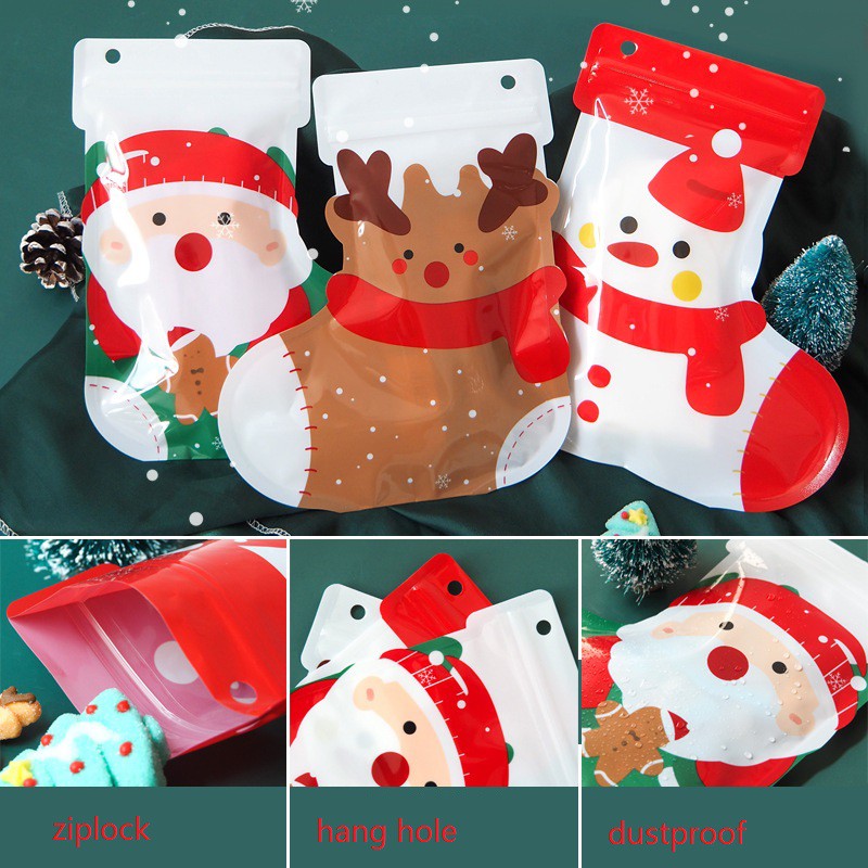 10Pcs print christmas sock shape Ziplock Bag gift Bags christmas tree ...