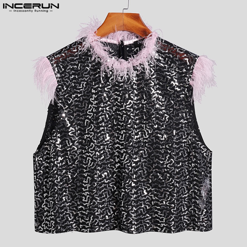 INCERUN Mens Sleeveless Sequin Shiny Hippy Party See Through Crop Tanks ...