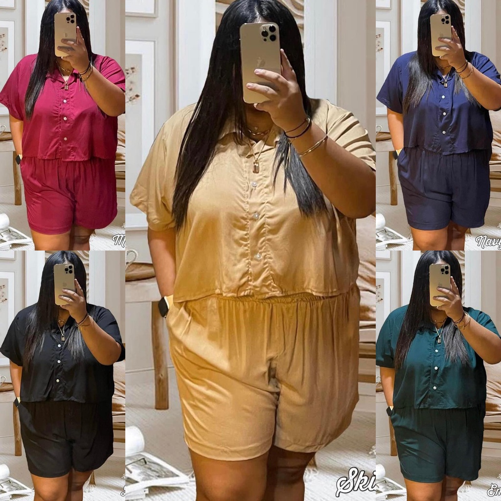 Plus Size Polo Blouse and Shorts Coordinates ( Challis Linen Fabric ...