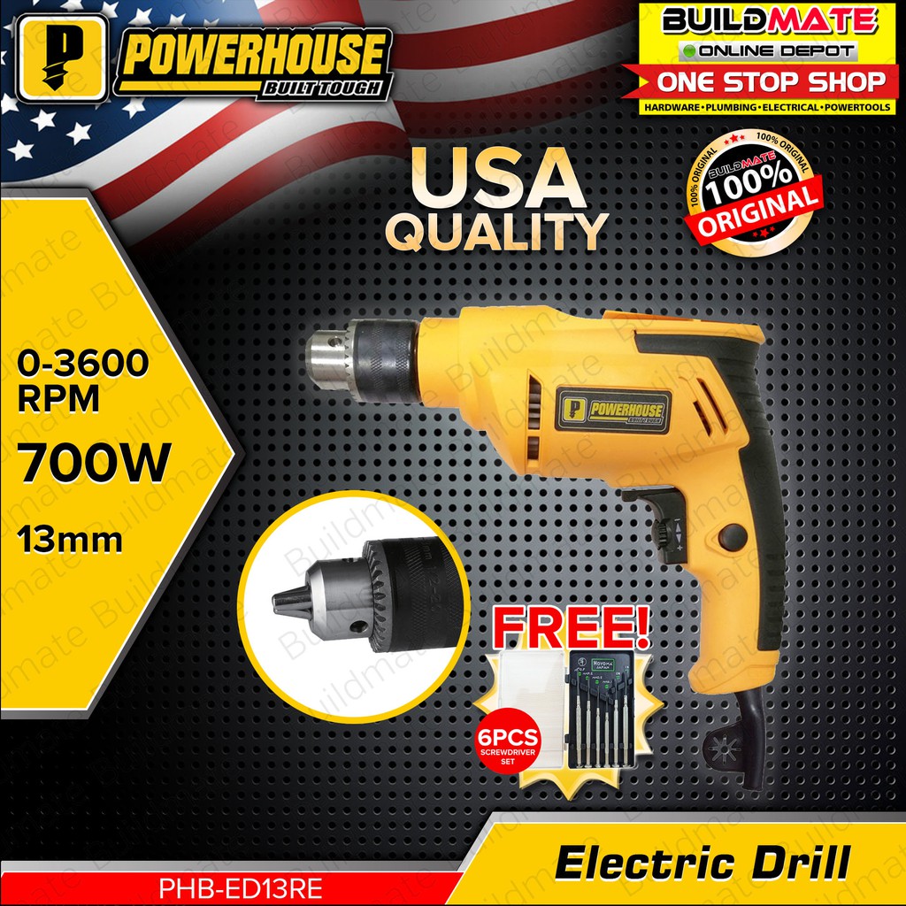 POWERHOUSE Electric Drill 700W PHB-ED13RE + FREE SCREWDRIVER •BUILDMATE ... POWERHOUSE Electric Drill 700W PHB-ED13RE + FREE SCREWDRIVER •BUILDMATE ...