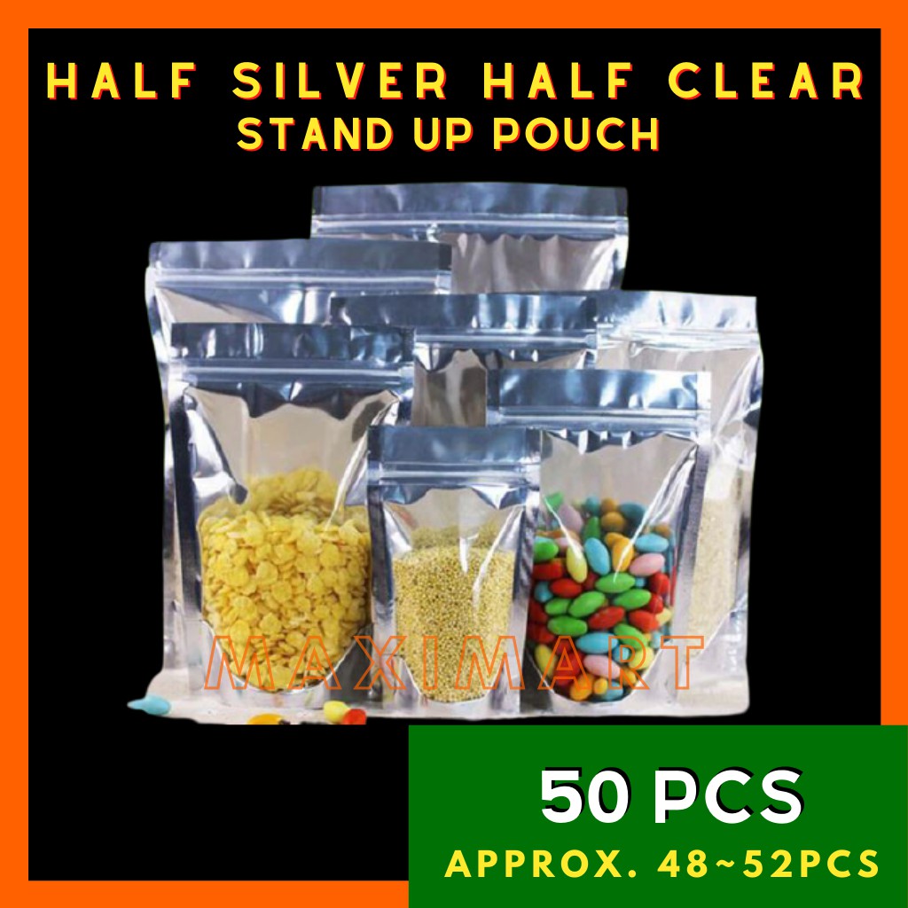 50pc Half Silver Clear Stand Up Pouch Zip Lock Plastic Packaging ...