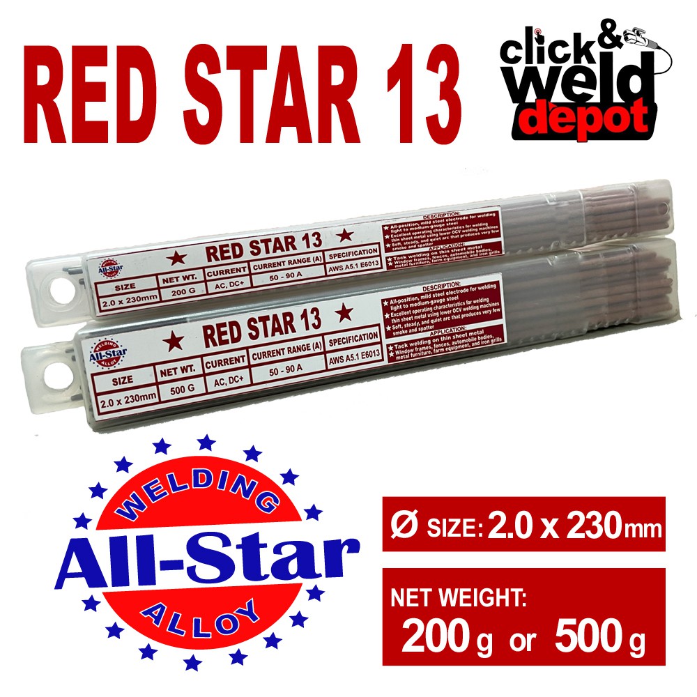 ALL-STAR WELDING ROD - RED STAR 13 - SIZE 2.0mm (200g OR 500g PACKING ...