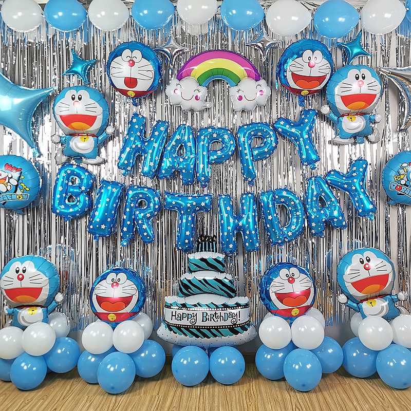 Happy Birthday Banner Doraemon Balloons Matte Blue Balloon Rain Curtain ...