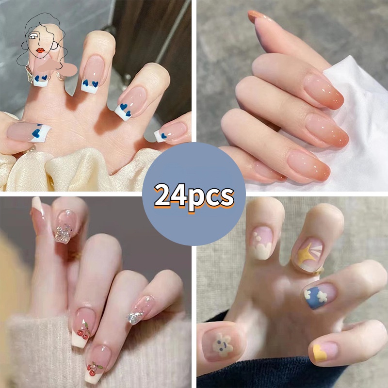 24 Pcs/Set False Nails With Glue/Design | Shopee Philippines