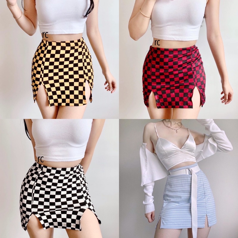 Dice - Two Slit Mini Skirt Checkered Plaid Palda Side Slit | Shopee ...
