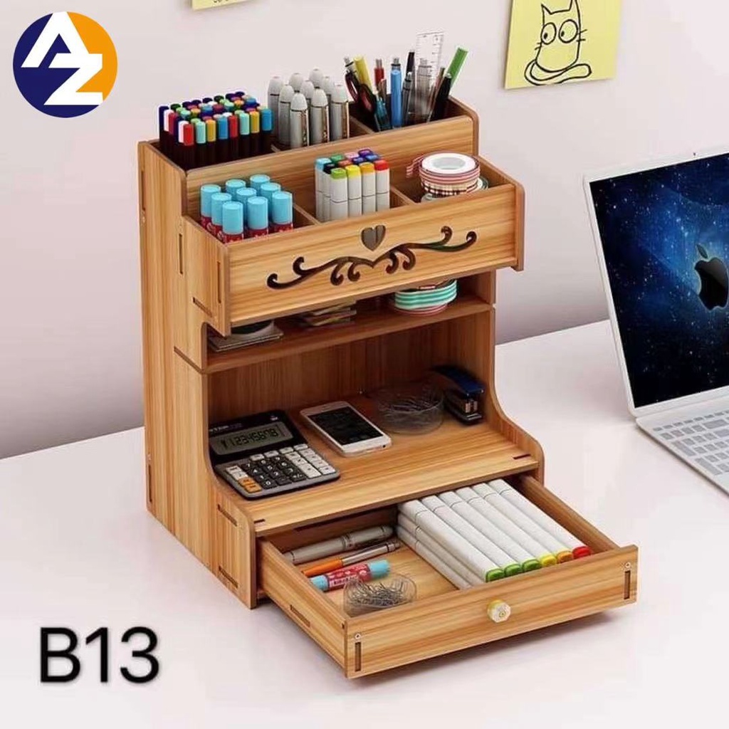 AZ Wooden Organizer Box, Wooden Desktop Organizer, Multi-function Wood ...