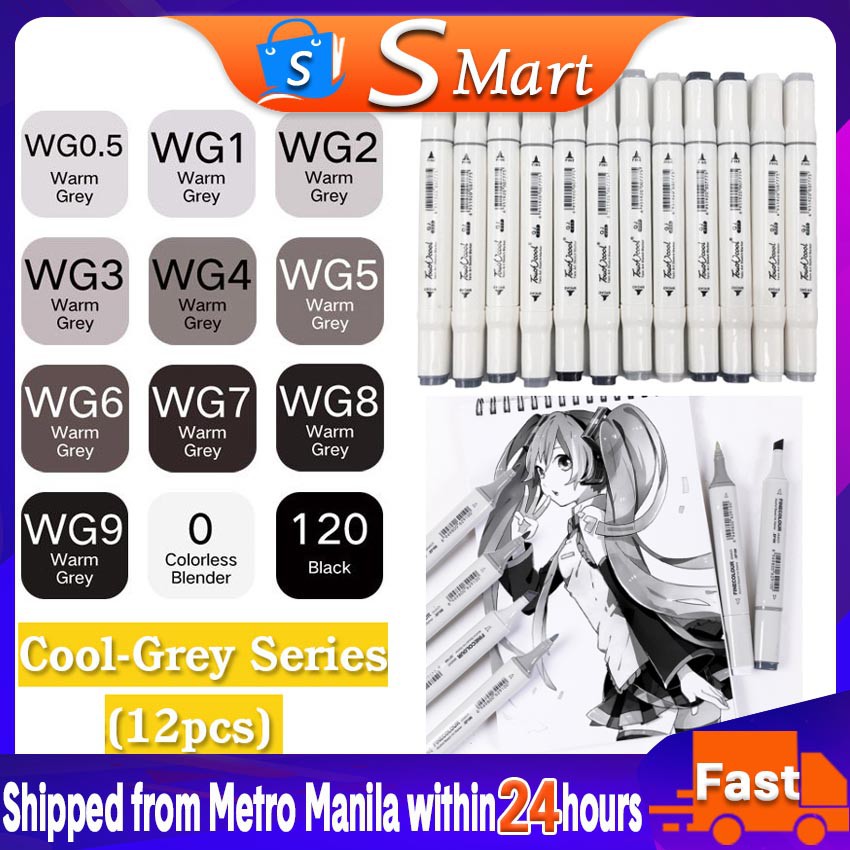 12 Colors Dual Head Grey Series Art Brush Marker Pen Art Markers Manga ...