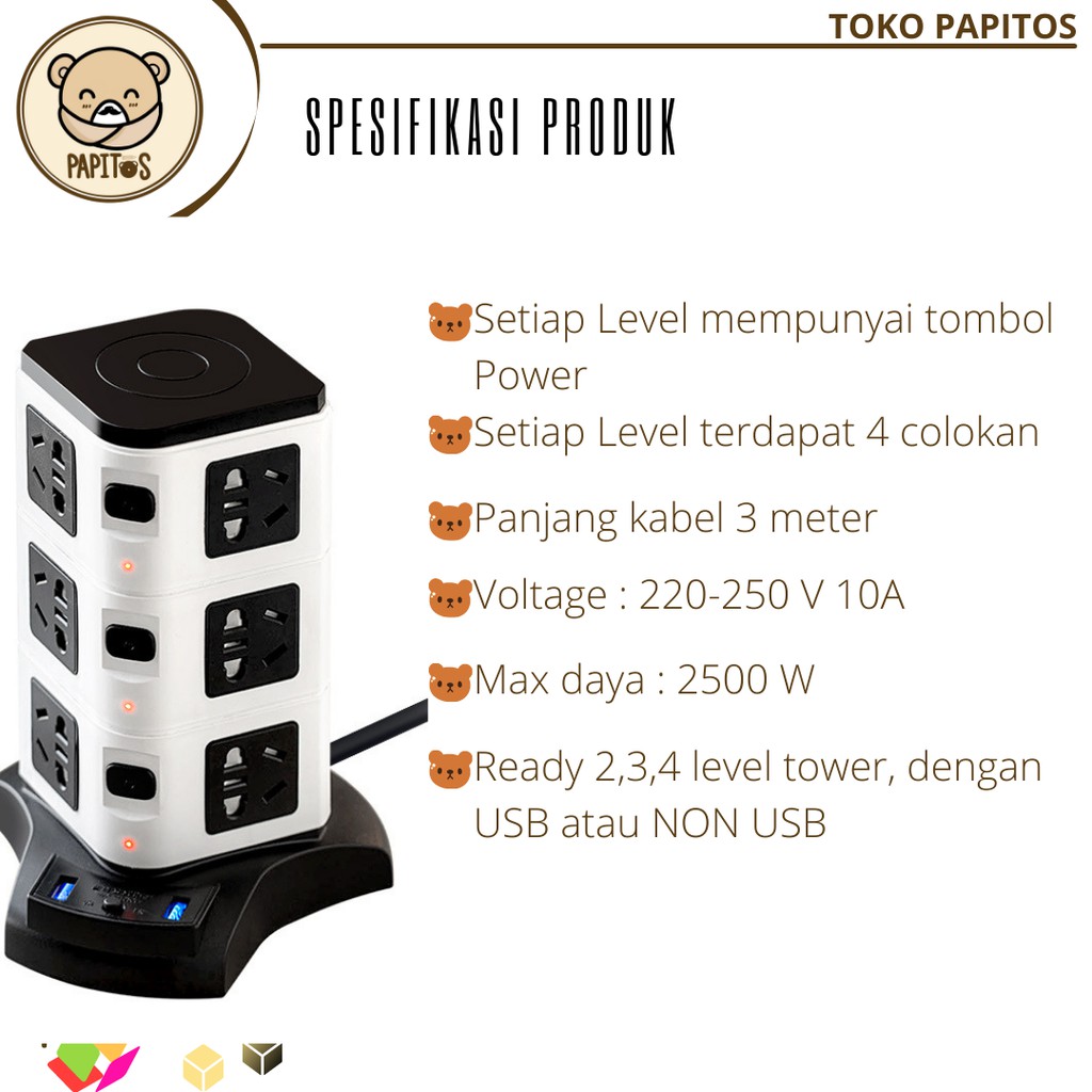 Power Socket Tower | 2 Levels | 3 meter cable - UniTop