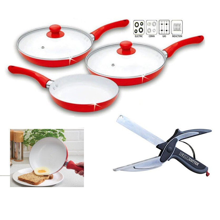 Keimav Ceramic Pan 5-piece Set (Red) with free 2 in 1 Clever Cutter ...