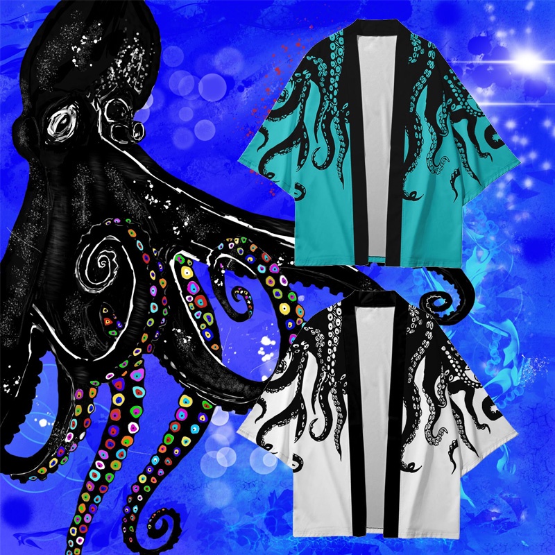 Summer Kimono Octopus Series 3D Printed Cropped Shirt Taoist Robe ...