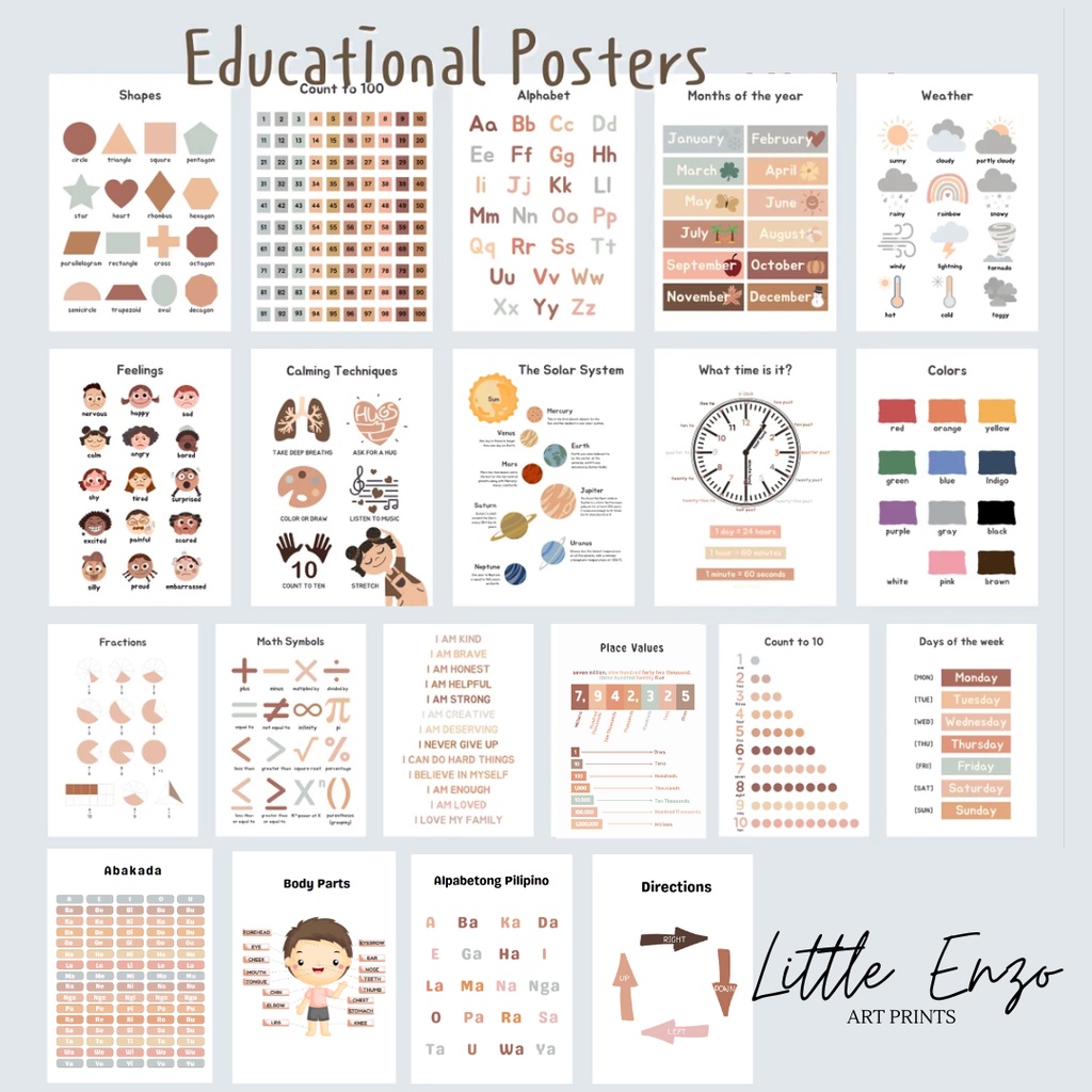 Laminated Set of 20 Educational Posters Set For Kids, Home School ...