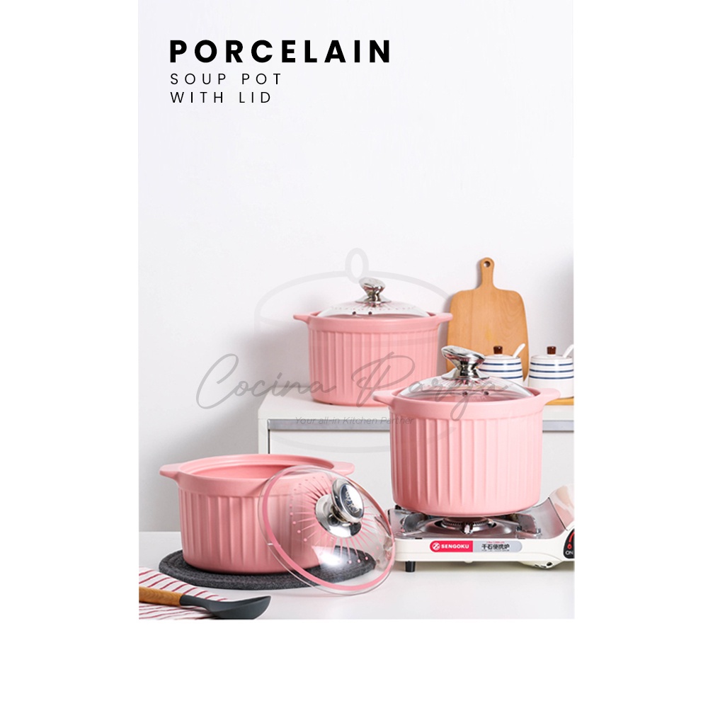 CCN Kitchen Cooking Porcelain Soup Pot with Lid Serving Dinner Dish ...