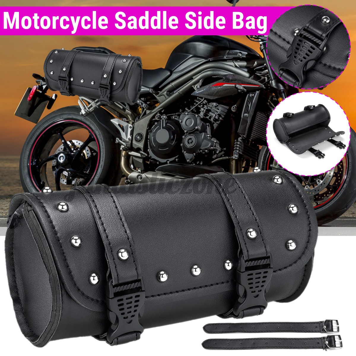 Black Motorcycle Universal PU leather Side Box Hanging Bag Side Bag ...