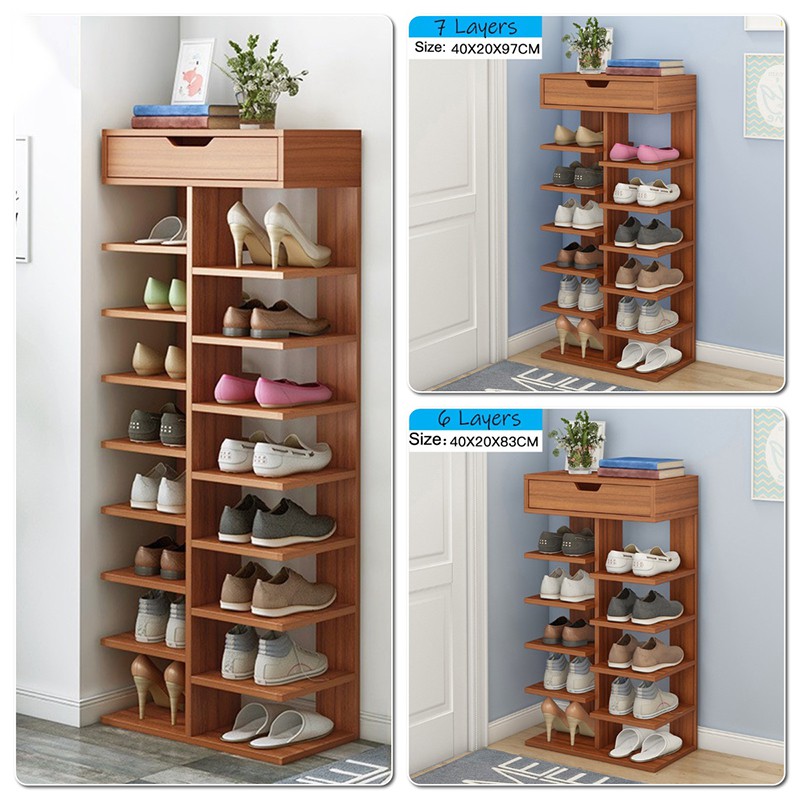 dailyhome Wood Wooden Shelf Shoe Storage Rack Organizer with Drawer ...
