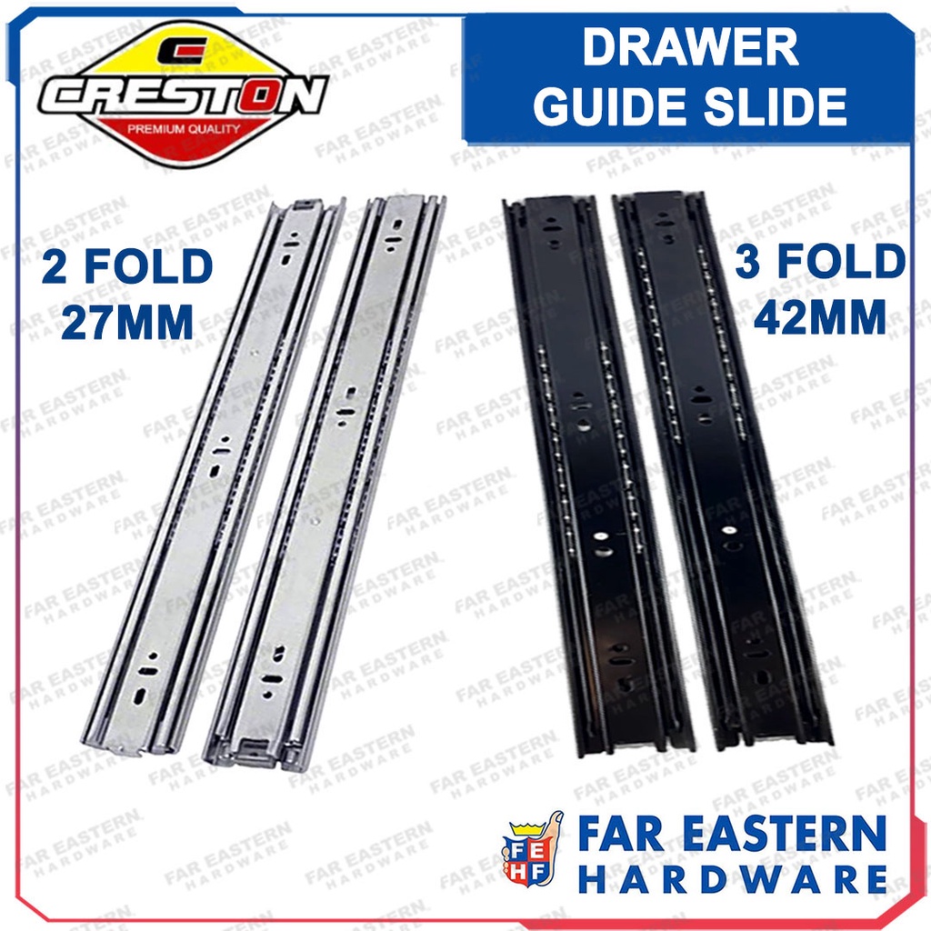 CRESTON Drawer Guide Slide Ball Bearing 2 Fold | 3 Fold 12" / 14" / 16 ...
