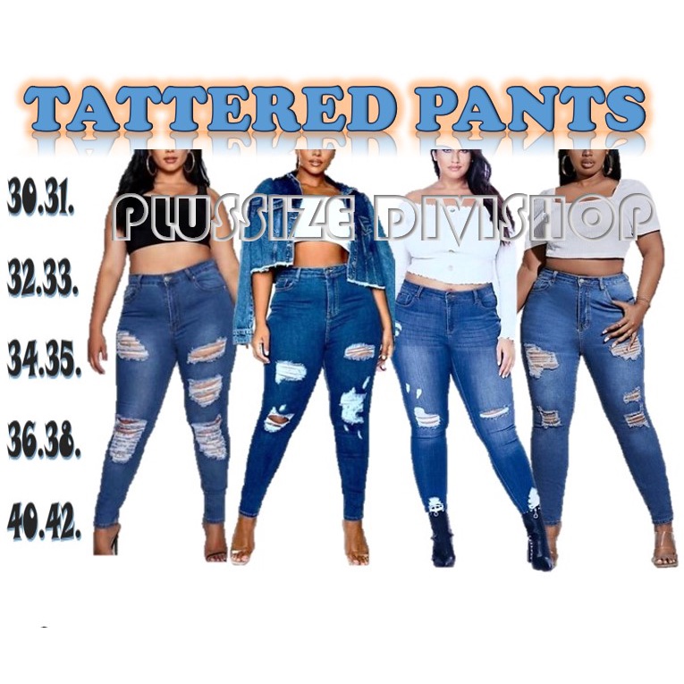 NEW EXTREMED RAGGED TATTERED HIGH RISE STRECHABLE PLUSSIZE DENIM MAONG AUGUST PANTS (30-40 ...