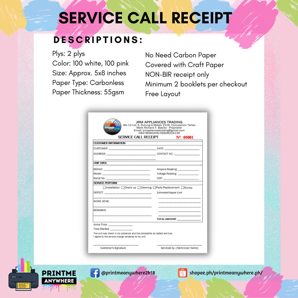 SERVICE CALL RECEIPT | 2 BOOKLETS | CARBON | Shopee Philippines