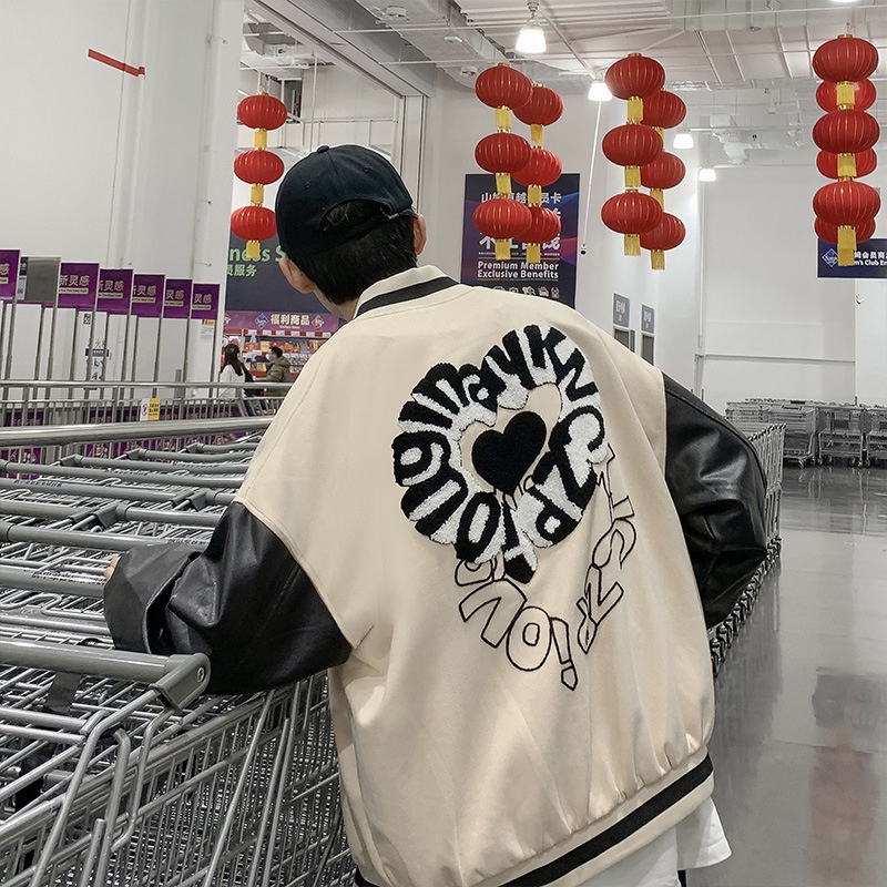 PU Leather Stitching Baseball Uniform Men Vintage High Street Loose ...