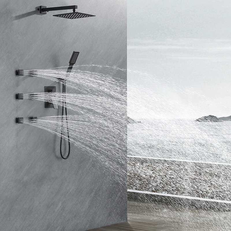 Square Black Body Rain Shower Spray Jets Bathroom Solid Brass Square ...