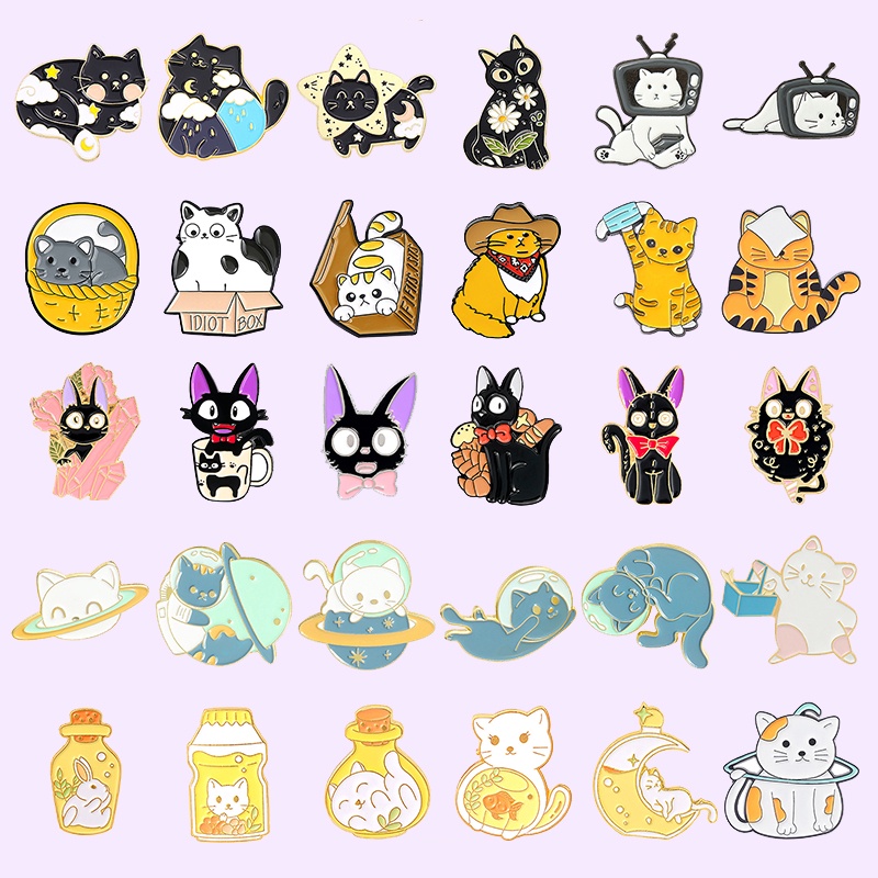 Cartoon Brooch Cute Orange Cat Black Cat Pin Spaceman Drift Bottle ...