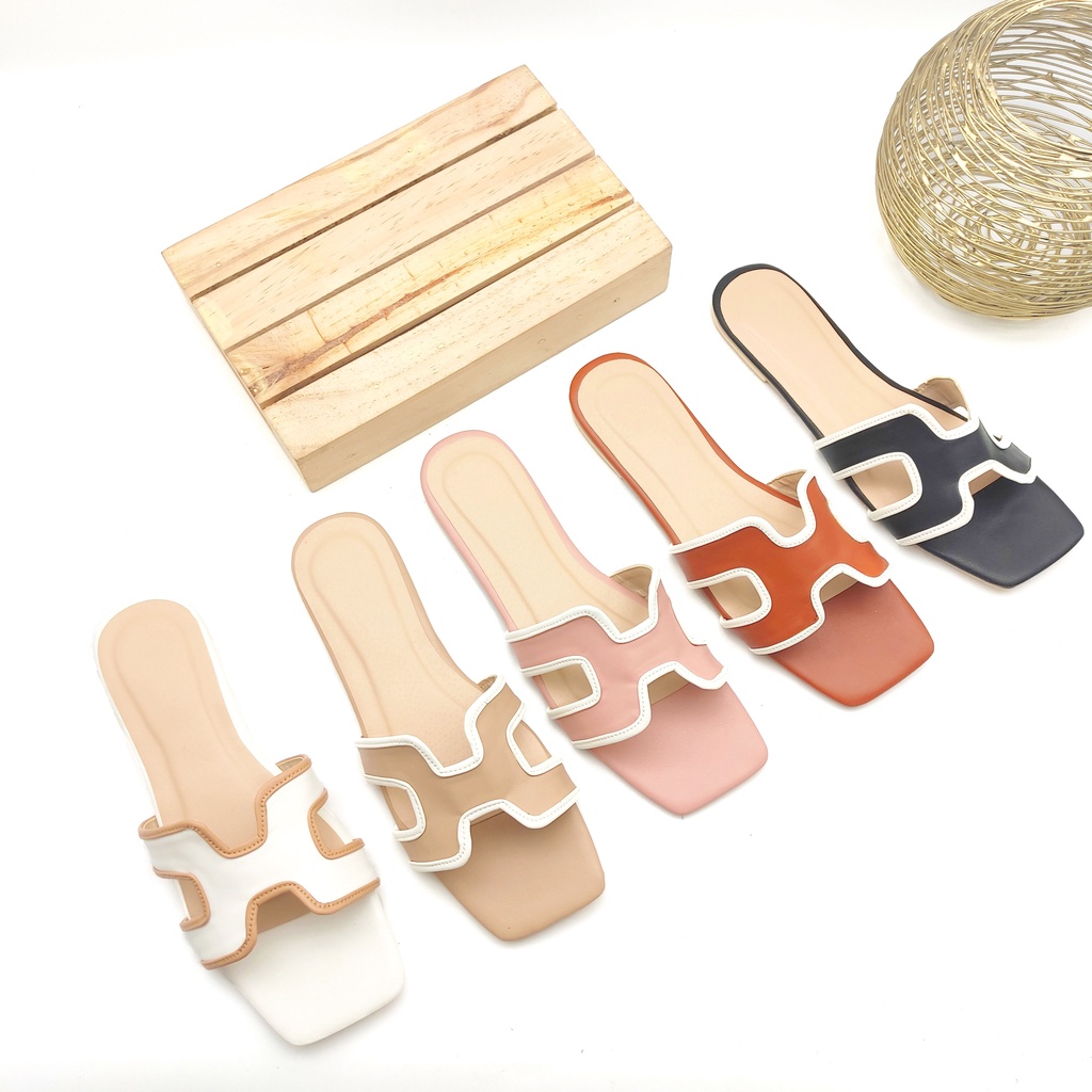 R&A737 Flat Square Toe Dual Tone H-Toe Strap Slides (Standard Fit ...