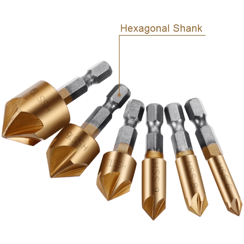 6 Pcs Countersink Drill Bit Set 1/4'' Hex Shank HSS 5 Flute Countersink ...