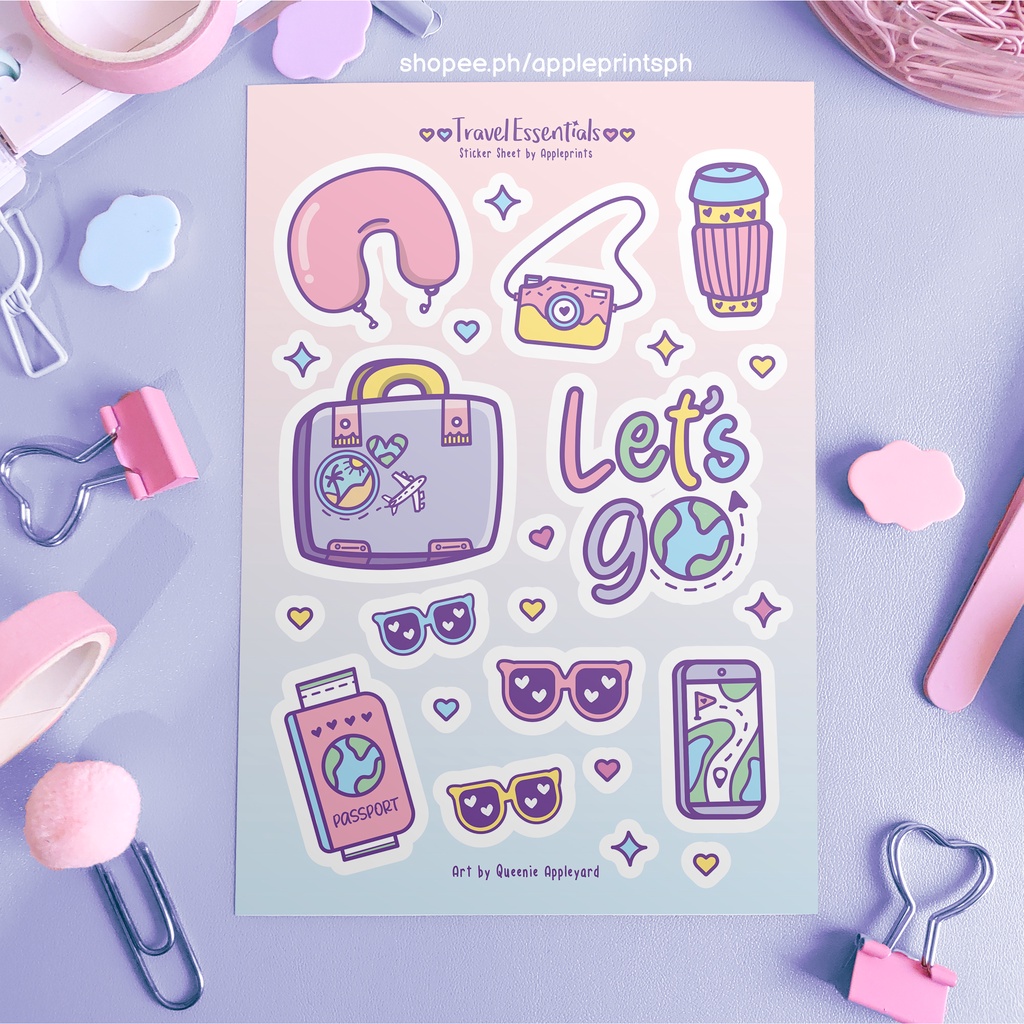 Travel Essentials Cute Stickers | Pink Aesthetic Journal Sticker Sheet ...