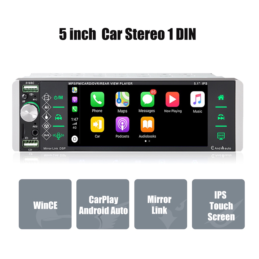 1 Din 5 inches car player Carplay Android AUTO Touch Screen Bluetooth ...