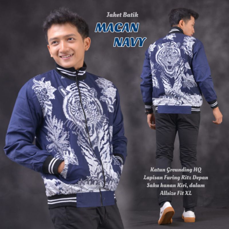 Batik Men Jacket Long Sleeve batik Jacket MACAN NAVY Shirt solo batik ...