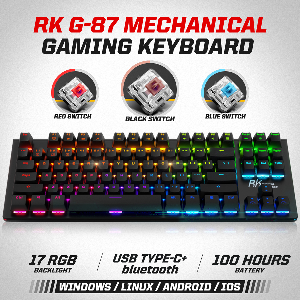 Royal Kludge G87 87keys Mechanical Keyboard Wireless Bluetooth 3.0 Keyboard USB Wired Mechanical ...