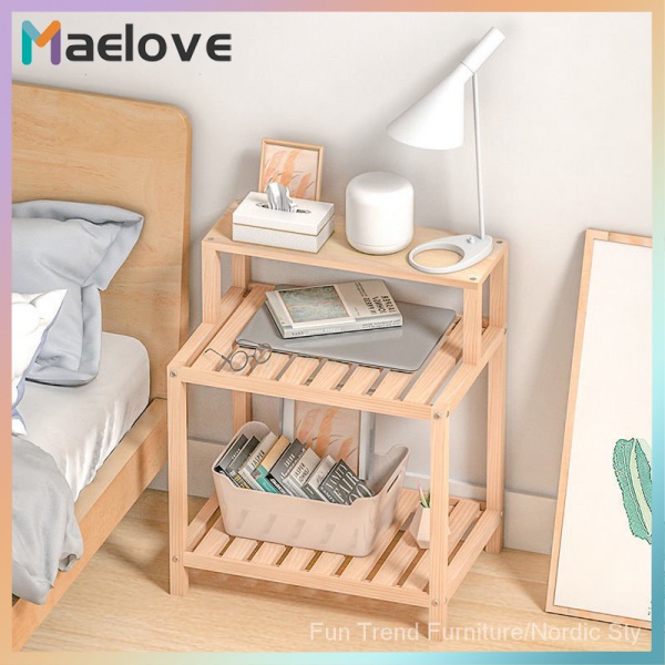 INS Simple Bedside Table Storage Rack Solid Wood Nordic Bedroom Rib ...