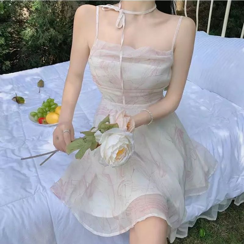 French Floral Pink Suspender Dress Waist Slim Long Printed Shoulderless ...