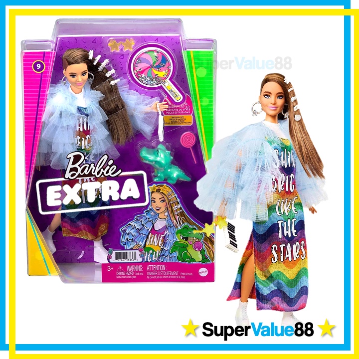 NEW Barbie EXTRA Doll #9 in Blue Ruffled Jacket & Rainbow Dress with ...