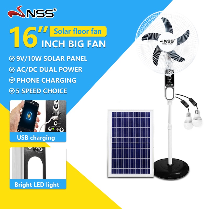 NSS solar stand fan with solar panel and light, 16 inch floor fan that ...