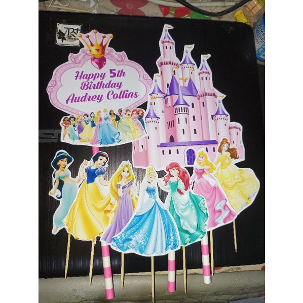 customized photo Printed castle pink Disney princesses cake toppers ...