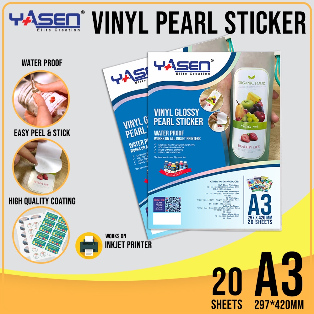 Yasen Vinyl Pearl Sticker Waterproof A3 Size (Glossy) 20 Sheets ...