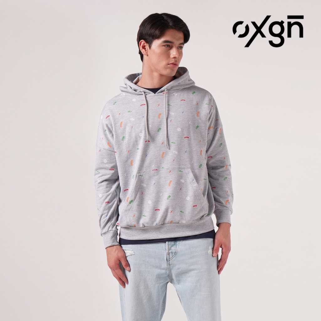 OXGN Hoodie With All-Over Logo Print For Men (Light Gray) | Shopee ...